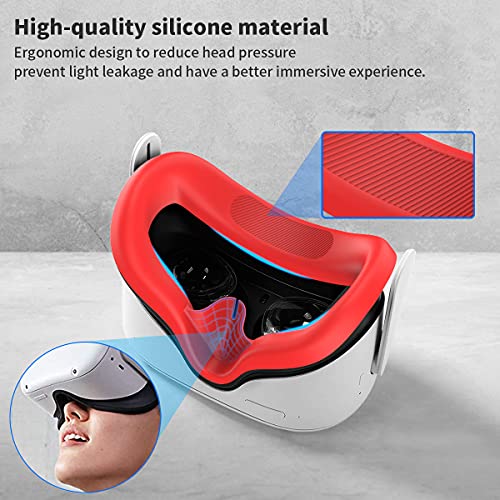 [3in1] for Oculus Quest 2 Accessories, Quest 2 VR Waterproof Silicone Face Cover Pad Controller Grip Fall Protection Case and Protective Lens Cover Washable, Anti-Leakage Ergonomic Design (Red)