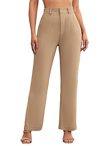 SweatyRocks Women's Elegant High Waist Solid Long Pants Office Trousers Khaki M