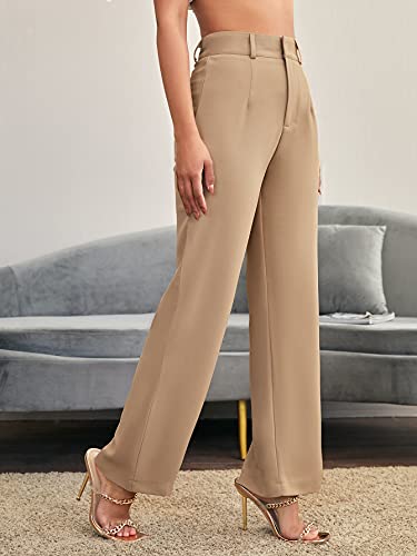 SweatyRocks Women's Elegant High Waist Solid Long Pants Office Trousers Khaki M