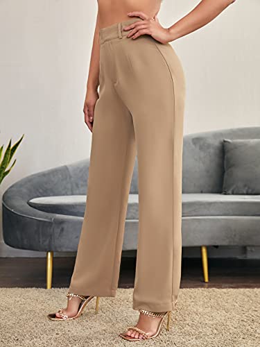 SweatyRocks Women's Elegant High Waist Solid Long Pants Office Trousers Khaki M