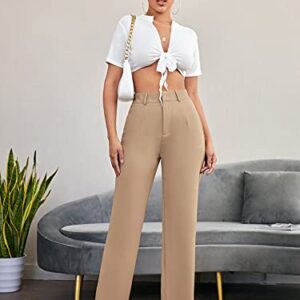 SweatyRocks Women's Elegant High Waist Solid Long Pants Office Trousers Khaki M