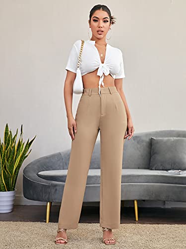 SweatyRocks Women's Elegant High Waist Solid Long Pants Office Trousers Khaki M