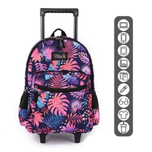 Tilami Rolling Backpack 18 inch Double Handle with Lunch Bag Wheeled Kids Backpack, Leaves Pink