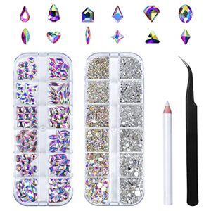 nail art rhinestones kit huetfat 120pcs multi shapes glass crystal ab nail stones nail jewels + flatback nail gems rhinestones for nails 2400pcs with pick up tweezer and wax pencil (120+2400pcs)