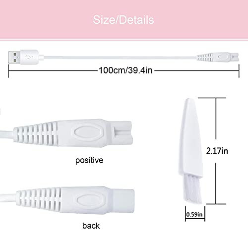 Women Shaver USB Charging Cable Compatible with Finishing Touch Flawless Body Rechargeable Ladies Shaver Women Electric Trimmer 5V Power Cord Ladies Shaver Charger Cord White with Clean Brush 2pcs