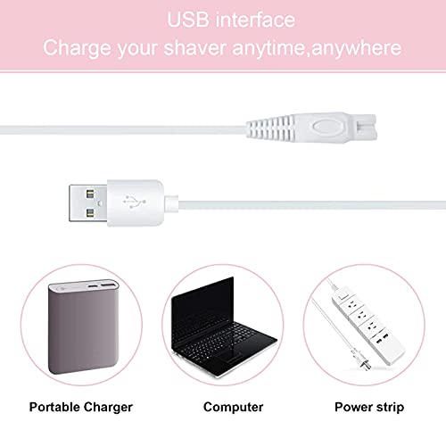 Women Shaver USB Charging Cable Compatible with Finishing Touch Flawless Body Rechargeable Ladies Shaver Women Electric Trimmer 5V Power Cord Ladies Shaver Charger Cord White with Clean Brush 2pcs