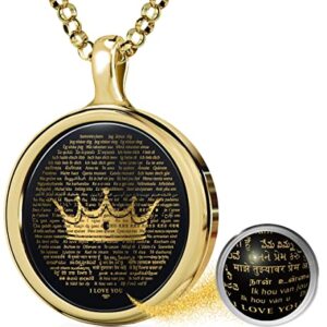 14k Yellow Gold Over 100 Languages I Love You Necklace for Women Her Queen Crown Pendant Gold Inscribed in Micro Text on Romantic Anniversary Onyx Gemstone, 18" Gold Plated Silver Rolo Chain