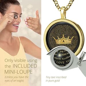 14k Yellow Gold Over 100 Languages I Love You Necklace for Women Her Queen Crown Pendant Gold Inscribed in Micro Text on Romantic Anniversary Onyx Gemstone, 18" Gold Plated Silver Rolo Chain