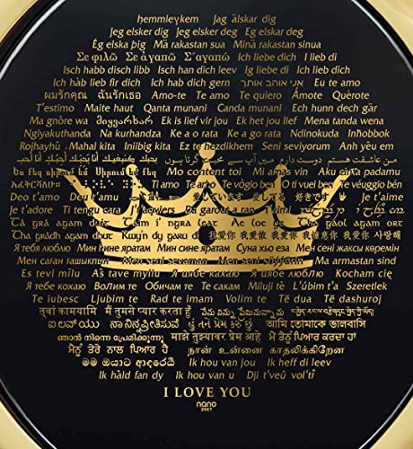 14k Yellow Gold Over 100 Languages I Love You Necklace for Women Her Queen Crown Pendant Gold Inscribed in Micro Text on Romantic Anniversary Onyx Gemstone, 18" Gold Plated Silver Rolo Chain