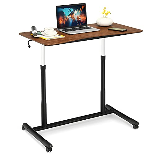 Tangkula Mobile Standing Desk Computer Desk, Height Adjustable Stand Up Desk with 4 Wheels, Rolling Compact Standing Desk with Steel Frame, MDF PVC Tabletop, Ideal for Home Office (Brown)