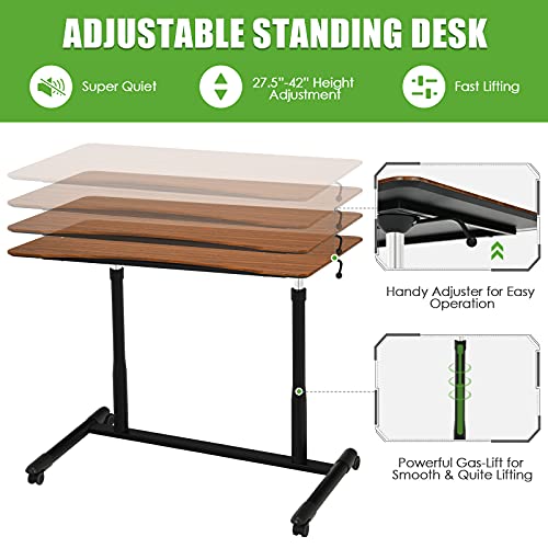 Tangkula Mobile Standing Desk Computer Desk, Height Adjustable Stand Up Desk with 4 Wheels, Rolling Compact Standing Desk with Steel Frame, MDF PVC Tabletop, Ideal for Home Office (Brown)