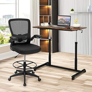 Tangkula Mobile Standing Desk Computer Desk, Height Adjustable Stand Up Desk with 4 Wheels, Rolling Compact Standing Desk with Steel Frame, MDF PVC Tabletop, Ideal for Home Office (Brown)