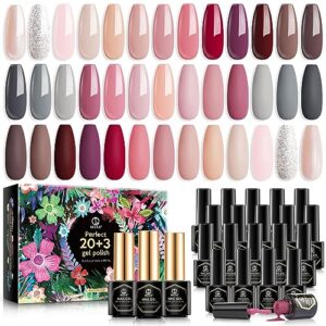 mefa 23 pcs gel nail polish kit, 20 colors nude pink glitter all seasons collection skin tone bubble bath gel polish nail kit with glossy & matte top base coat nail art manicure diy salon gift for women