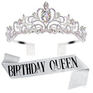 tiara for women ab rhinestone, happy birthday queen tiara, birthday crown for girls , crowns with birthday girl sash, silver crowns for women