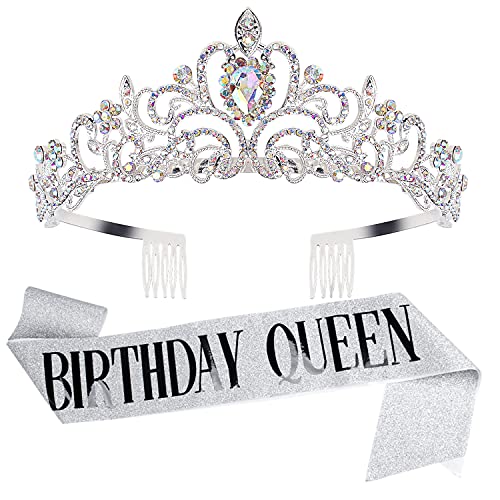 Tiara for Women AB Rhinestone, Happy Birthday Queen Tiara, Birthday Crown for Girls , Crowns with Birthday Girl Sash, Silver Crowns for Women