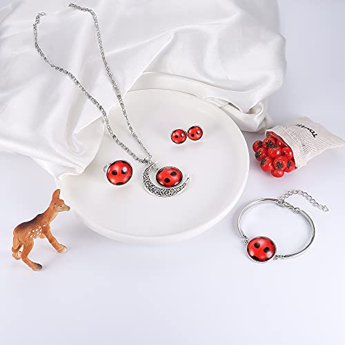 HAIAISO Good Luck Ladybug Jewelry Red Ladybug Bracelet Moon Necklace Ring Stud Set Halloween Cosplay Jewelry Ladybug Lover Gift for Women Girls(Ladybug)