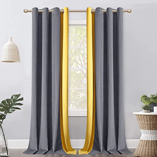 JYXIUBS Velvet Curtains 84 Inches Long, Grommet Thick Velvet Blackout Curtains with Two Tone French Room Darkening Window Curtains for Bedroom Living Room, 2 Panels 52 x 84 Inch, Grey and Yellow