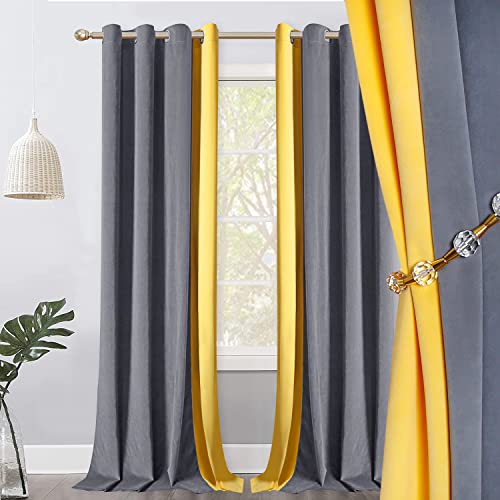 JYXIUBS Velvet Curtains 84 Inches Long, Grommet Thick Velvet Blackout Curtains with Two Tone French Room Darkening Window Curtains for Bedroom Living Room, 2 Panels 52 x 84 Inch, Grey and Yellow