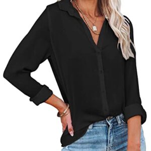 Diosun Womens Button Down V Neck Shirts Long Sleeve Office Casual Business Plain Blouses Tops (Medium, Black)