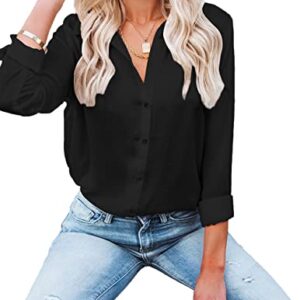 Diosun Womens Button Down V Neck Shirts Long Sleeve Office Casual Business Plain Blouses Tops (Medium, Black)