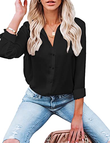 Diosun Womens Button Down V Neck Shirts Long Sleeve Office Casual Business Plain Blouses Tops (Medium, Black)