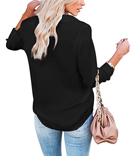 Diosun Womens Button Down V Neck Shirts Long Sleeve Office Casual Business Plain Blouses Tops (Medium, Black)