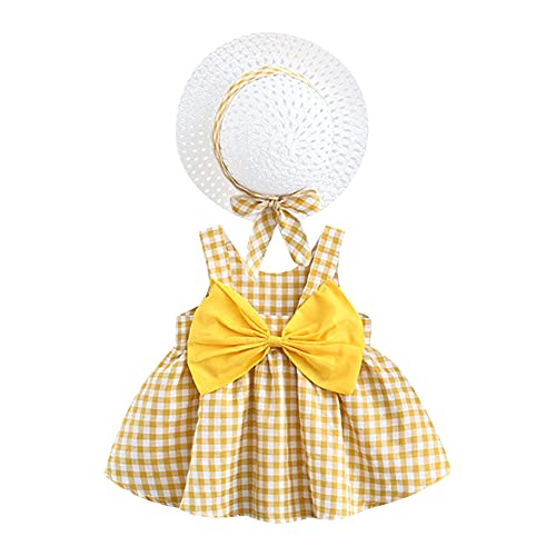 Little Girls Party Summer Tutu Dresses Bowknot Flower Dress with Straw Hat Princess Birthday Party Outfits Sundress Playwear Sandy Beach wear Photo Shoot Suit Yellow 18-24 Months