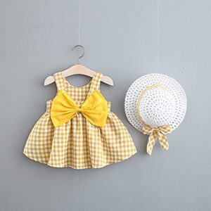 Little Girls Party Summer Tutu Dresses Bowknot Flower Dress with Straw Hat Princess Birthday Party Outfits Sundress Playwear Sandy Beach wear Photo Shoot Suit Yellow 18-24 Months