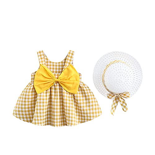 Little Girls Party Summer Tutu Dresses Bowknot Flower Dress with Straw Hat Princess Birthday Party Outfits Sundress Playwear Sandy Beach wear Photo Shoot Suit Yellow 18-24 Months