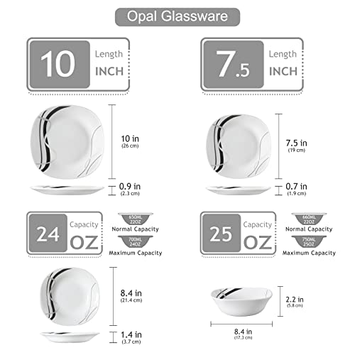 VEWEET Fionaglas 24-Piece Dinner Sets Break Resistant Dinnerware Set for 6, Opal Glassware Plates and Bowl Sets of Dinner Plates, Soup Plates, Dessert Plates, Bowls, Service for 6