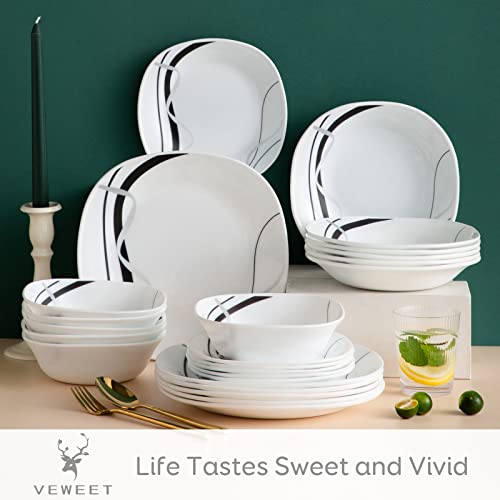 VEWEET Fionaglas 24-Piece Dinner Sets Break Resistant Dinnerware Set for 6, Opal Glassware Plates and Bowl Sets of Dinner Plates, Soup Plates, Dessert Plates, Bowls, Service for 6