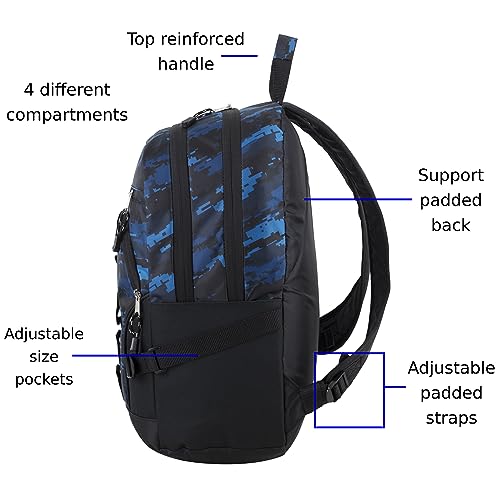 FUEL Dynamo Active Backpack, Fits Most Laptops up to 15", Front Access Pockets, Padded Lumbar, Comfortable, Adjustable Straps - Black/Blue Camo