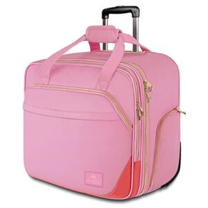 rolling briefcase for women, large rolling laptop bag with wheels fits 17 inch notebook gifts for office women, water resistance teacher work computer travel carry on weekender bags on wheel, pink