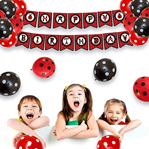 Lady Bug Birthday Party Decorations Supplies Set with Ladybird Happy Birthday Banner, Ladybeetle Cake Cupcake Toppers, Black Red Latex Balloons for Kids 1st Baby Shower Lady Bug Birthday Decoration