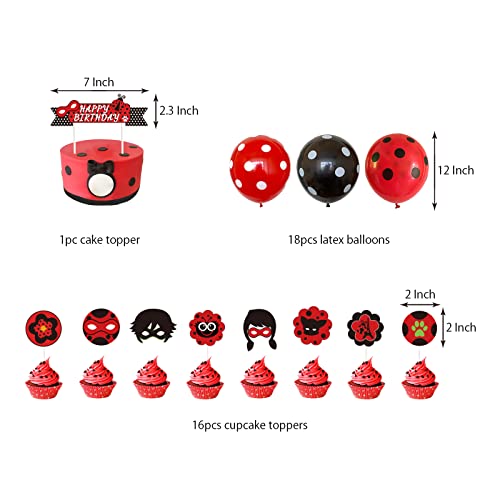 Lady Bug Birthday Party Decorations Supplies Set with Ladybird Happy Birthday Banner, Ladybeetle Cake Cupcake Toppers, Black Red Latex Balloons for Kids 1st Baby Shower Lady Bug Birthday Decoration