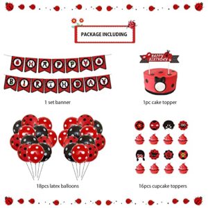 Lady Bug Birthday Party Decorations Supplies Set with Ladybird Happy Birthday Banner, Ladybeetle Cake Cupcake Toppers, Black Red Latex Balloons for Kids 1st Baby Shower Lady Bug Birthday Decoration