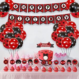 Lady Bug Birthday Party Decorations Supplies Set with Ladybird Happy Birthday Banner, Ladybeetle Cake Cupcake Toppers, Black Red Latex Balloons for Kids 1st Baby Shower Lady Bug Birthday Decoration