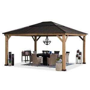 sunjoy hardtop gazebo 13 x 15 ft. standard cedar framed wood gazebo with brown steel and polycarbonate hip roof hardtop for garden, backyard shade, brown roof + natural wood frame