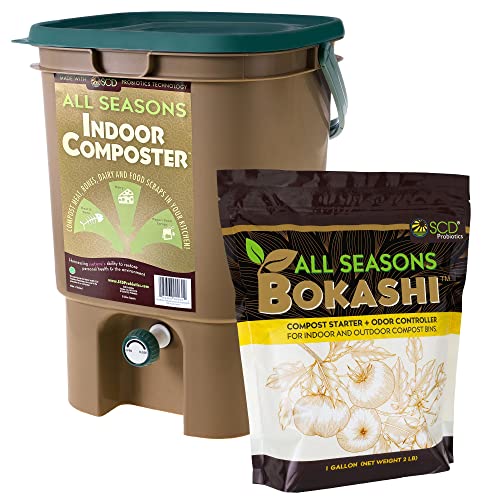 All Seasons Indoor Composter Kit, 5-Gallon Dark Tan Countertop Kitchen Compost Bin with 2 lbs. (1 Gallon) of Bokashi - Easily Compost in Your Kitchen After Every Meal by SCD Probiotics