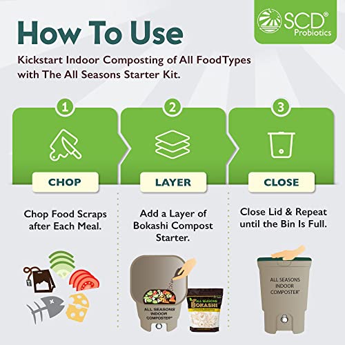 All Seasons Indoor Composter Kit, 5-Gallon Dark Tan Countertop Kitchen Compost Bin with 2 lbs. (1 Gallon) of Bokashi - Easily Compost in Your Kitchen After Every Meal by SCD Probiotics