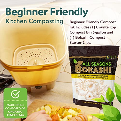 All Seasons Indoor Composter Kit, 5-Gallon Dark Tan Countertop Kitchen Compost Bin with 2 lbs. (1 Gallon) of Bokashi - Easily Compost in Your Kitchen After Every Meal by SCD Probiotics