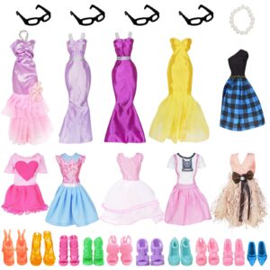 YTSQLER Doll Dresses Clothes,25Pcs Doll Clothing Set 10 Fashion Doll Dresses 10 Pairs Doll Shoes 4 Glasses and 1 Well-Made Pearl Necklace Doll Clothes and Accessories for 11.5 inch Girl Dolls