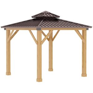 outsunny 10' x 10' hardtop gazebo with galvanized steel double roof, wooden frame, permanent pavilion with ceiling light hook, for garden, patio, backyard