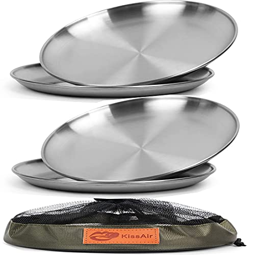 KissAir Reusable Brushed 18/8 Stainless Steel Round 9 Inch Plates Dish Set Vintage Eco Friendly Metal 304 Heavy Duty Kitchenware Feeding Dinner Dishes for Serving/Snack/Camping (4 PACK)