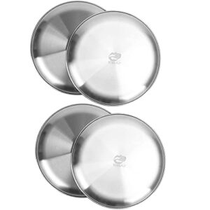 KissAir Reusable Brushed 18/8 Stainless Steel Round 9 Inch Plates Dish Set Vintage Eco Friendly Metal 304 Heavy Duty Kitchenware Feeding Dinner Dishes for Serving/Snack/Camping (4 PACK)