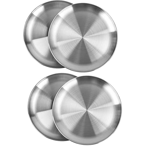 KissAir Reusable Brushed 18/8 Stainless Steel Round 9 Inch Plates Dish Set Vintage Eco Friendly Metal 304 Heavy Duty Kitchenware Feeding Dinner Dishes for Serving/Snack/Camping (4 PACK)