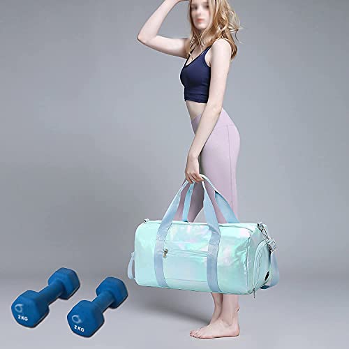 Gym Bag Sports Duffle Bag with Wet Pocket Weekender Overnight Bag with Waterproof Shoe Pouch and Air Hole for Girls Kids Women Travel Foldable Bag (Green)