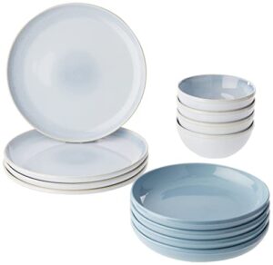 corelle stoneware 12-pc dinnerware set, handcrafted artisanal double bead plates and bowls, solid and reactive glazes, dining plate set, nordic blue