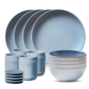 corelle stoneware 16-pc dinnerware set, handcrafted artisanal double bead plates, meal bowls, bowls and tumblers, solid and reactive glazes, dining plate set, nordic blue