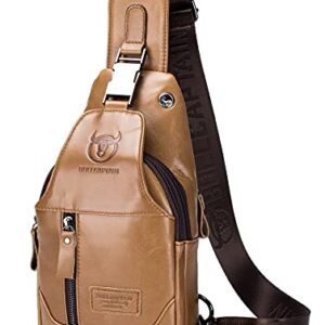 BULLCAPTAIN Genuine Leather Men's Sling Shoulder Backpack Multi-pocket Crossbody Chest Bags Travel Hiking Daypack with Earphone Hole (Yellowish brown)